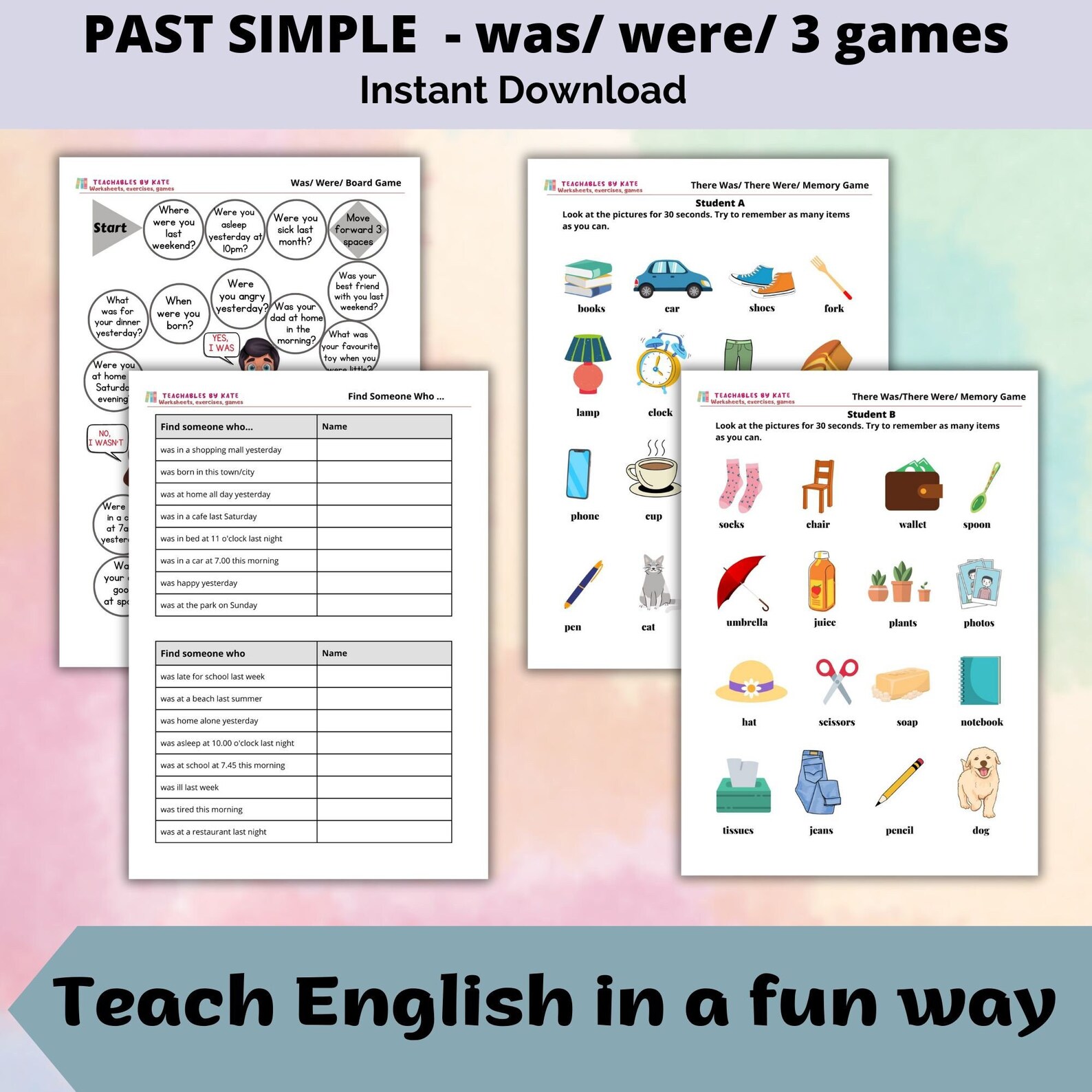 Was Were Past Simple Worksheet Past Tense Games Printable Pages ESL ...
