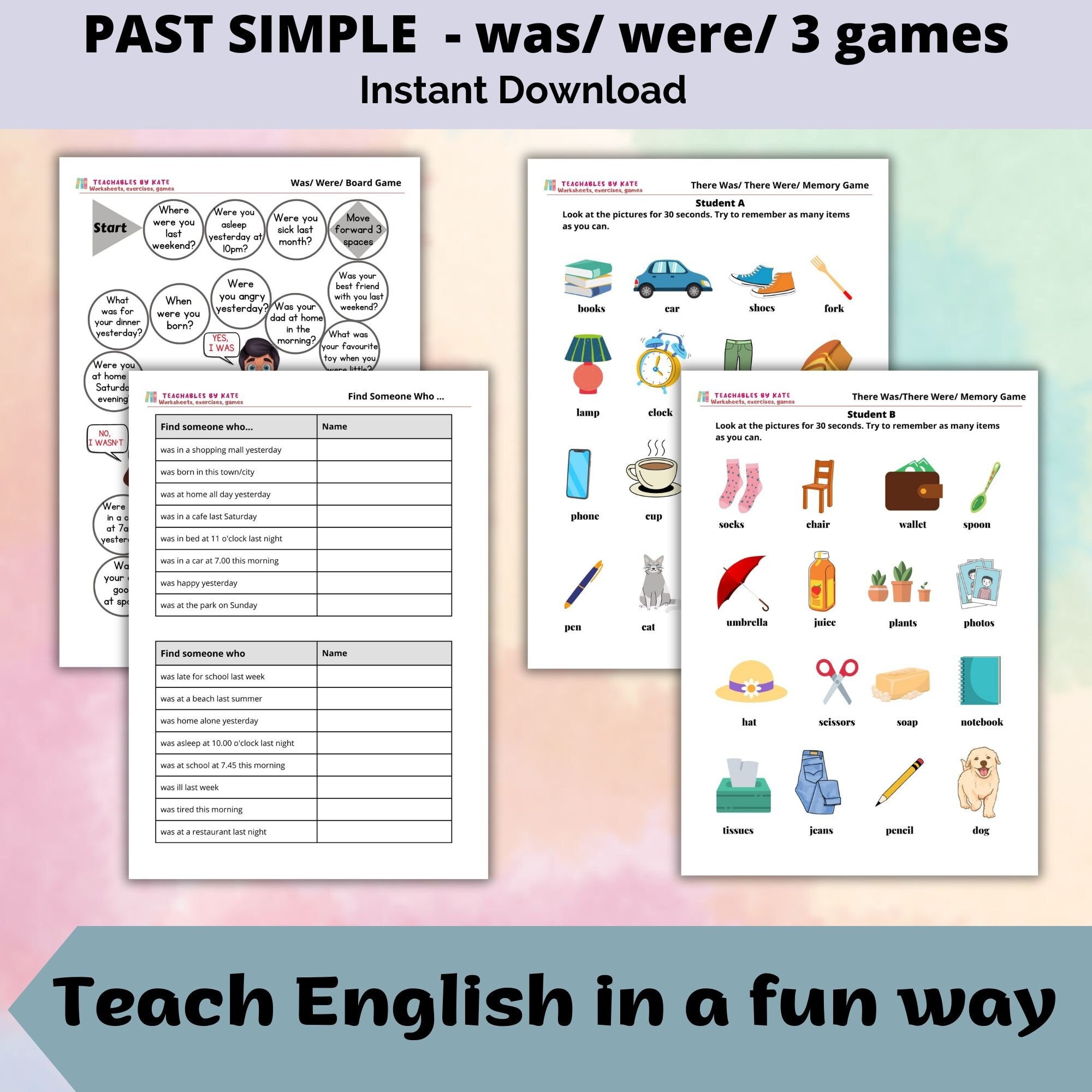 Was Were Past Simple Worksheet Past Tense Games Printable Pages ESL ...