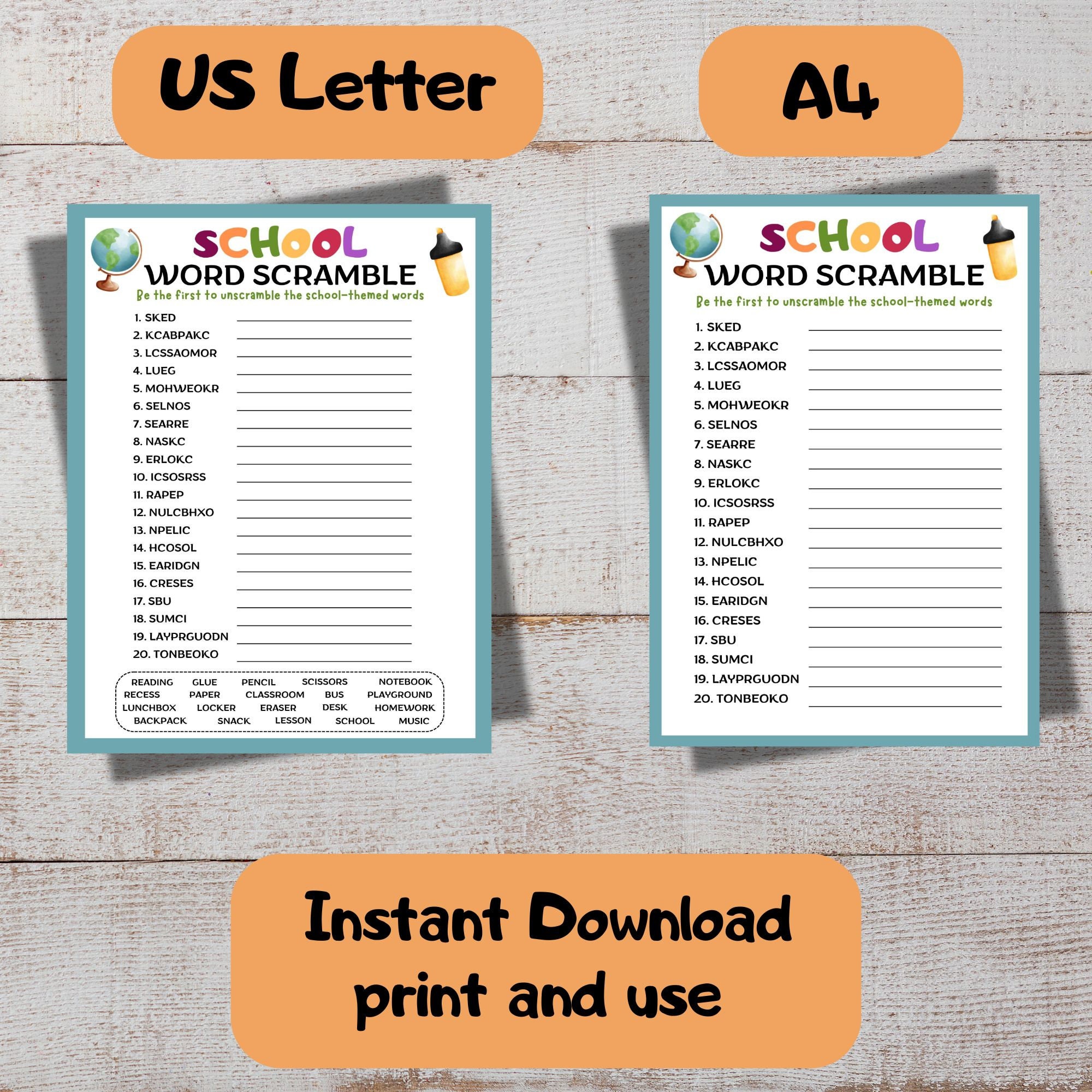 School Themed Word Scramble Printable Activity for Kids Back to School ...