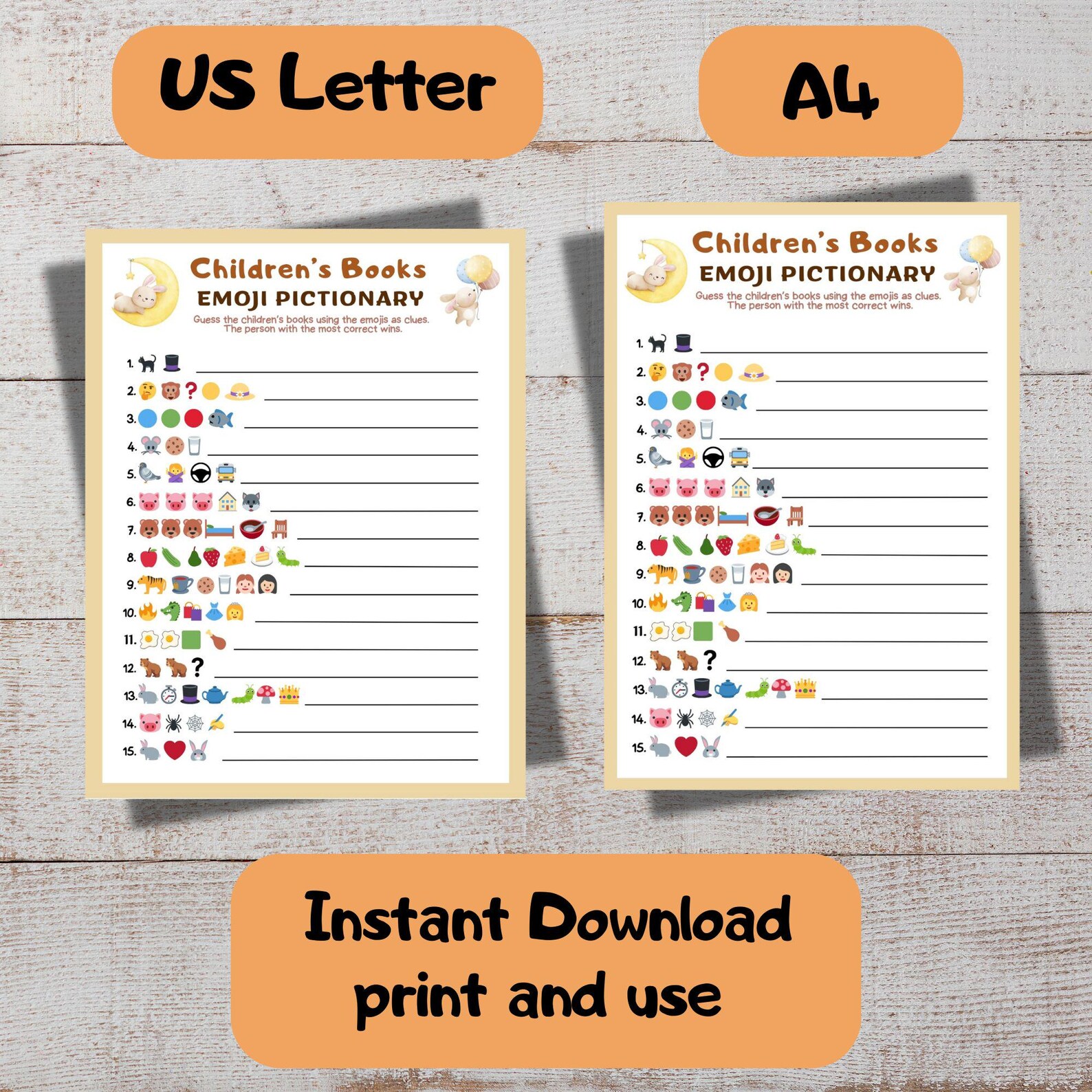 Emoji Pictionary Game: Children's Book Title Quiz (printable PDF ...