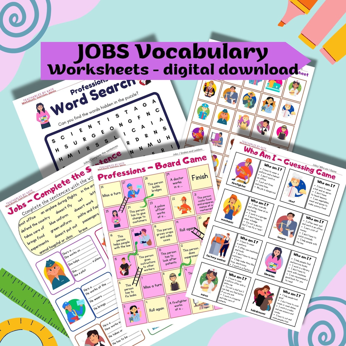 Jobs & Professions Vocabulary Activities: ESL Worksheet Bundle (PDF) - Etsy