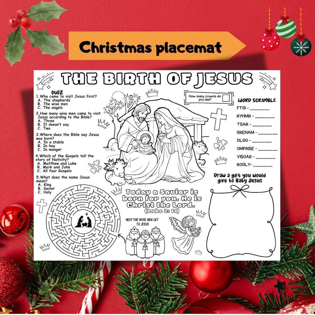 Nativity Activity Placemat for Kids, Christmas Coloring Page (printable ...
