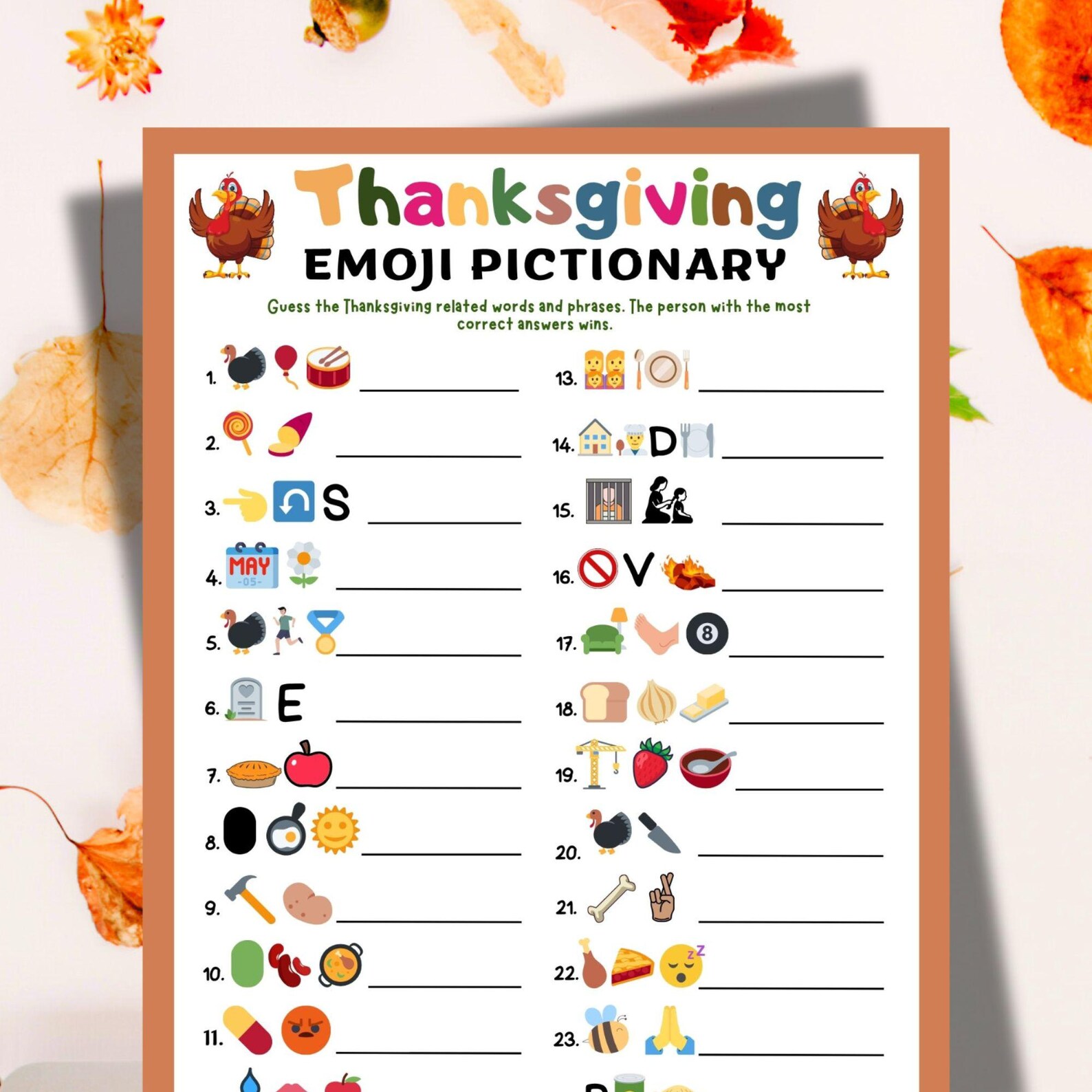 Thanksgiving Emoji Pictionary Game: Printable Fall Activity (PDF ...
