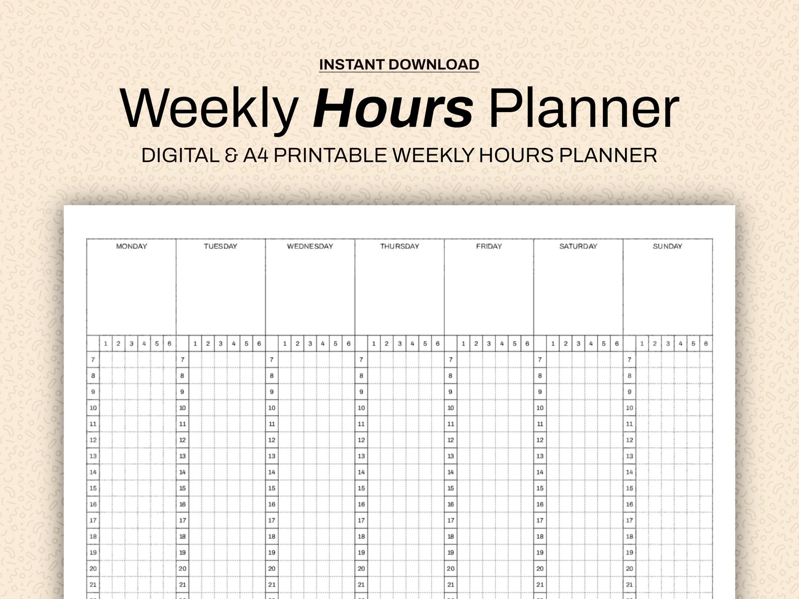 Weekly Hours Planner | 7-24H Digital or Printable - Etsy