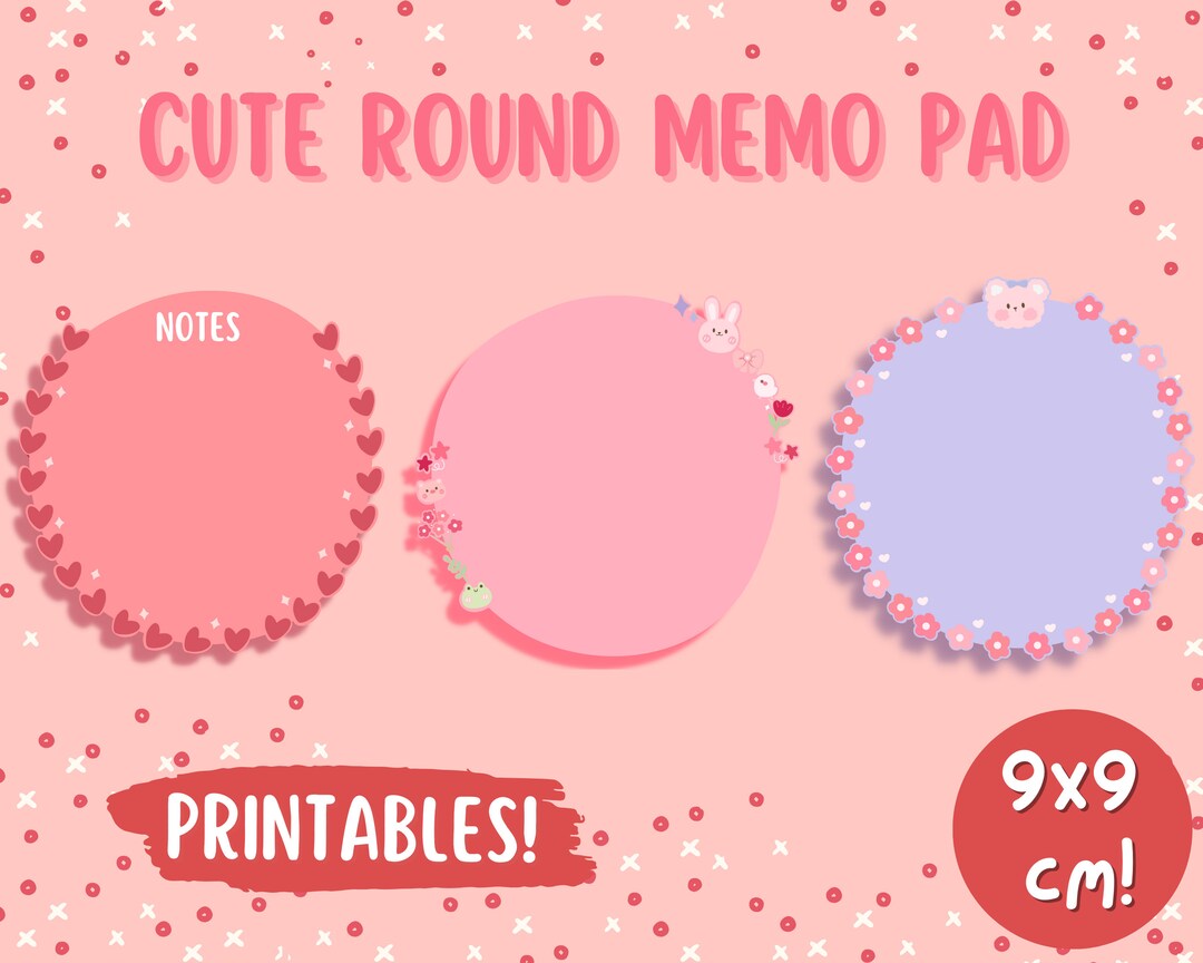 Printable Cute Round Memo Pad, Digital Downloadable Kawaii Bear Heart ...