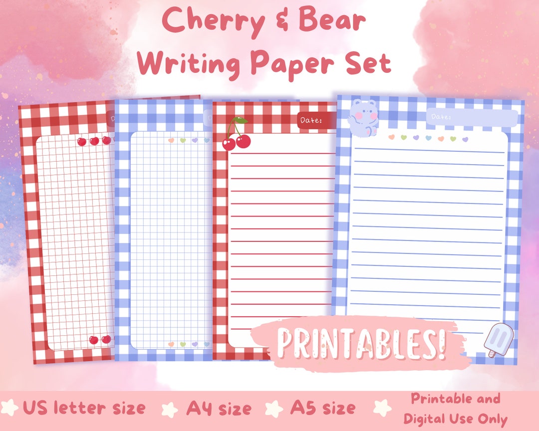 Digital Printable Cute Cherry & Bear Writing Paper Set, Aesthetic ...