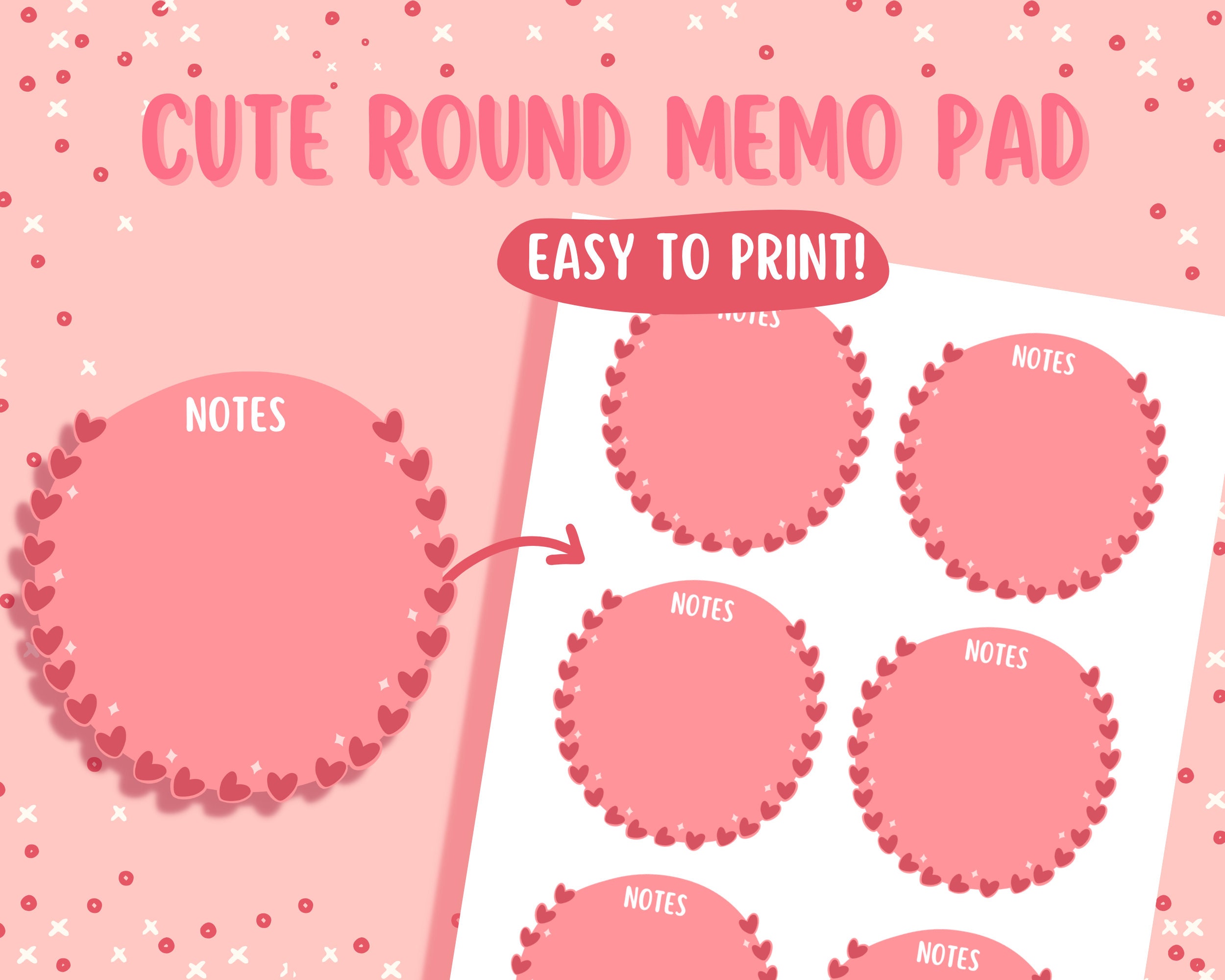Printable Cute Round Memo Pad, Digital Downloadable Kawaii Bear Heart ...
