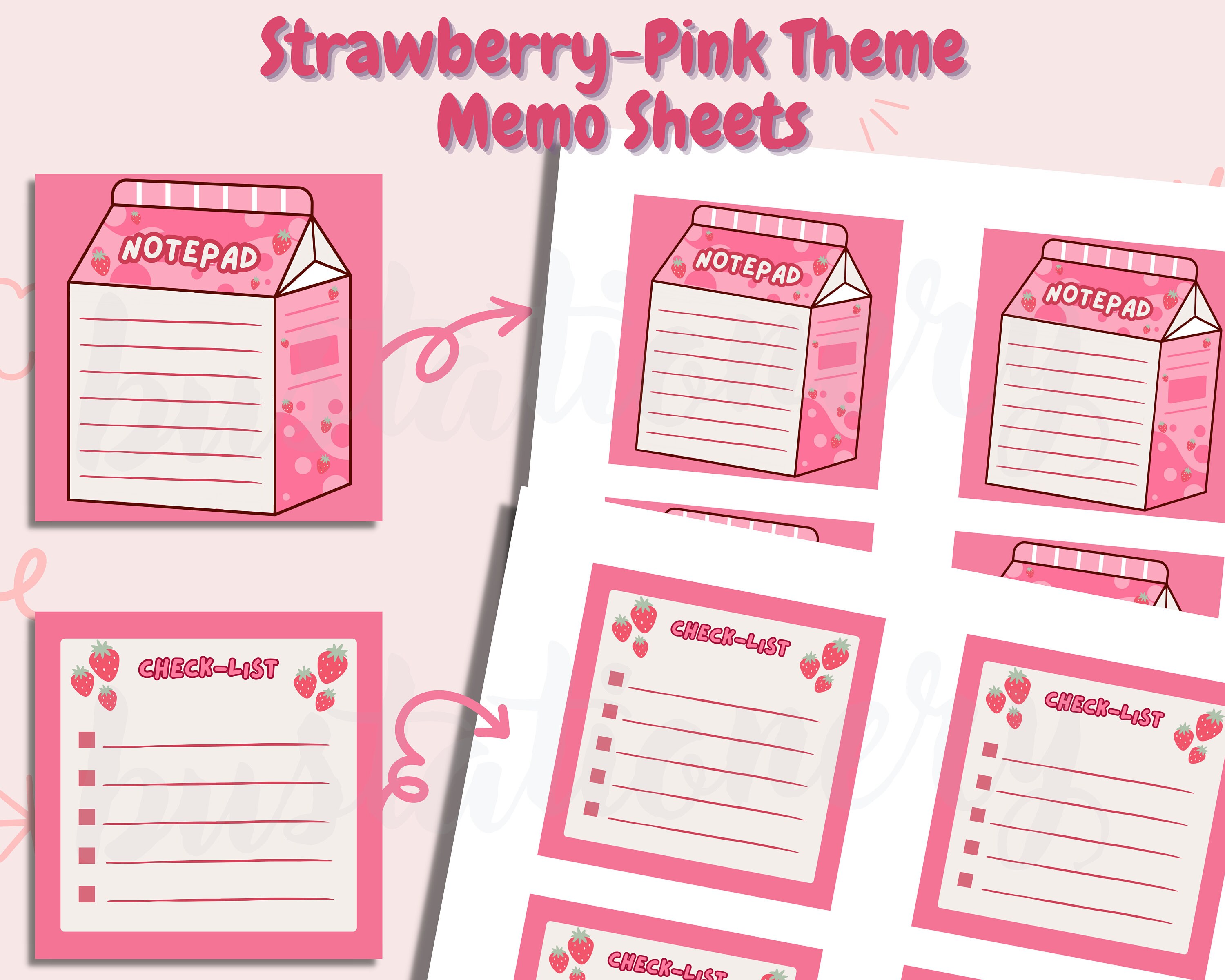 Strawberry Pink Daily Lined Notepad, Downloadable Cute Stationery Memo ...