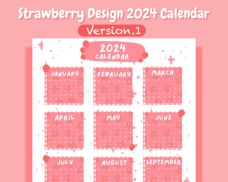 Printable Strawberry Aesthetic 2024 Yearly Calendar, Downloadable Cute ...