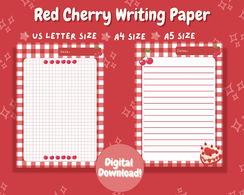 Red Cherry Printable A4 A5 US Letter Paper Set, Digital Download ...