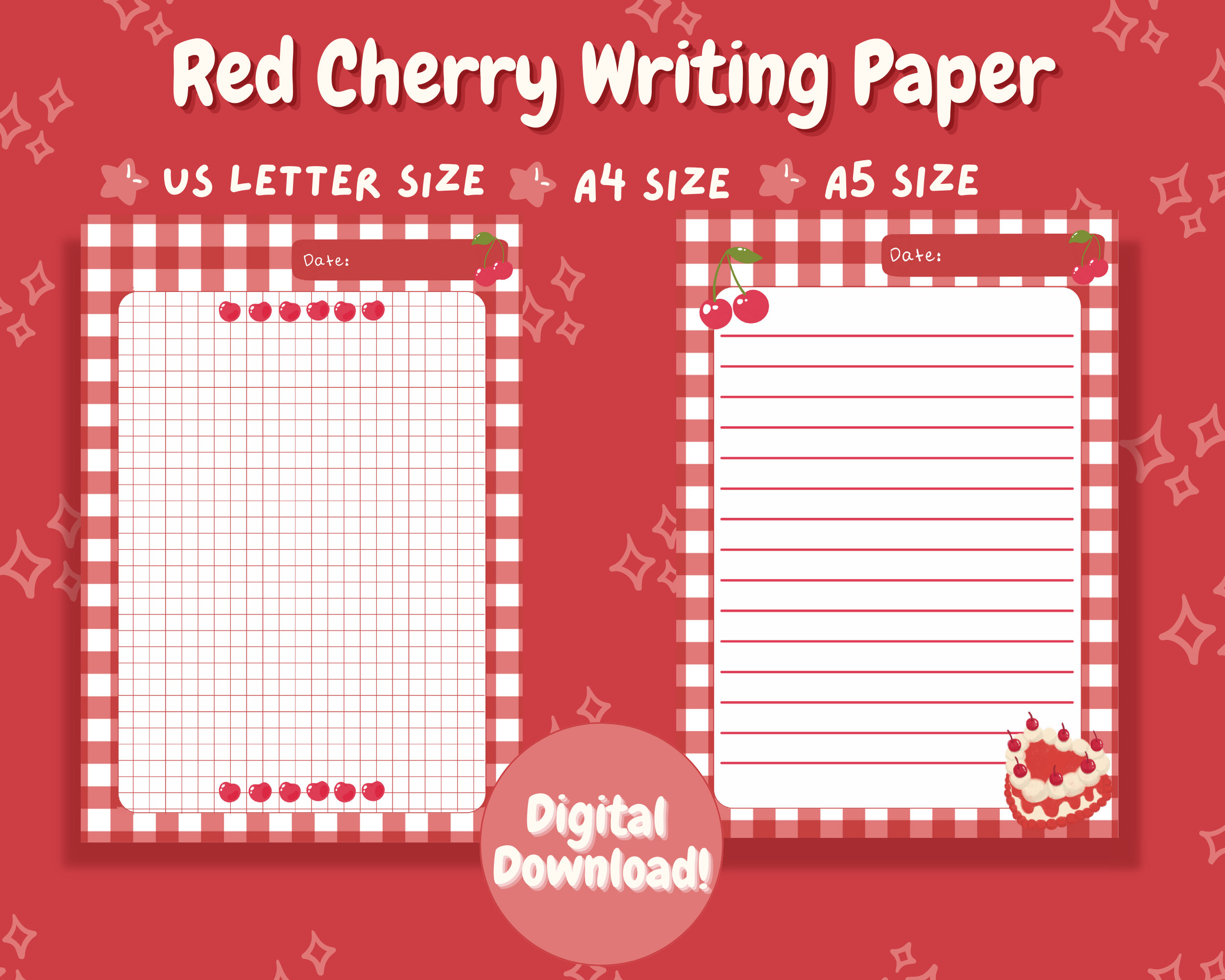 Red Cherry Printable A4 A5 US Letter Paper Set, Digital Download ...