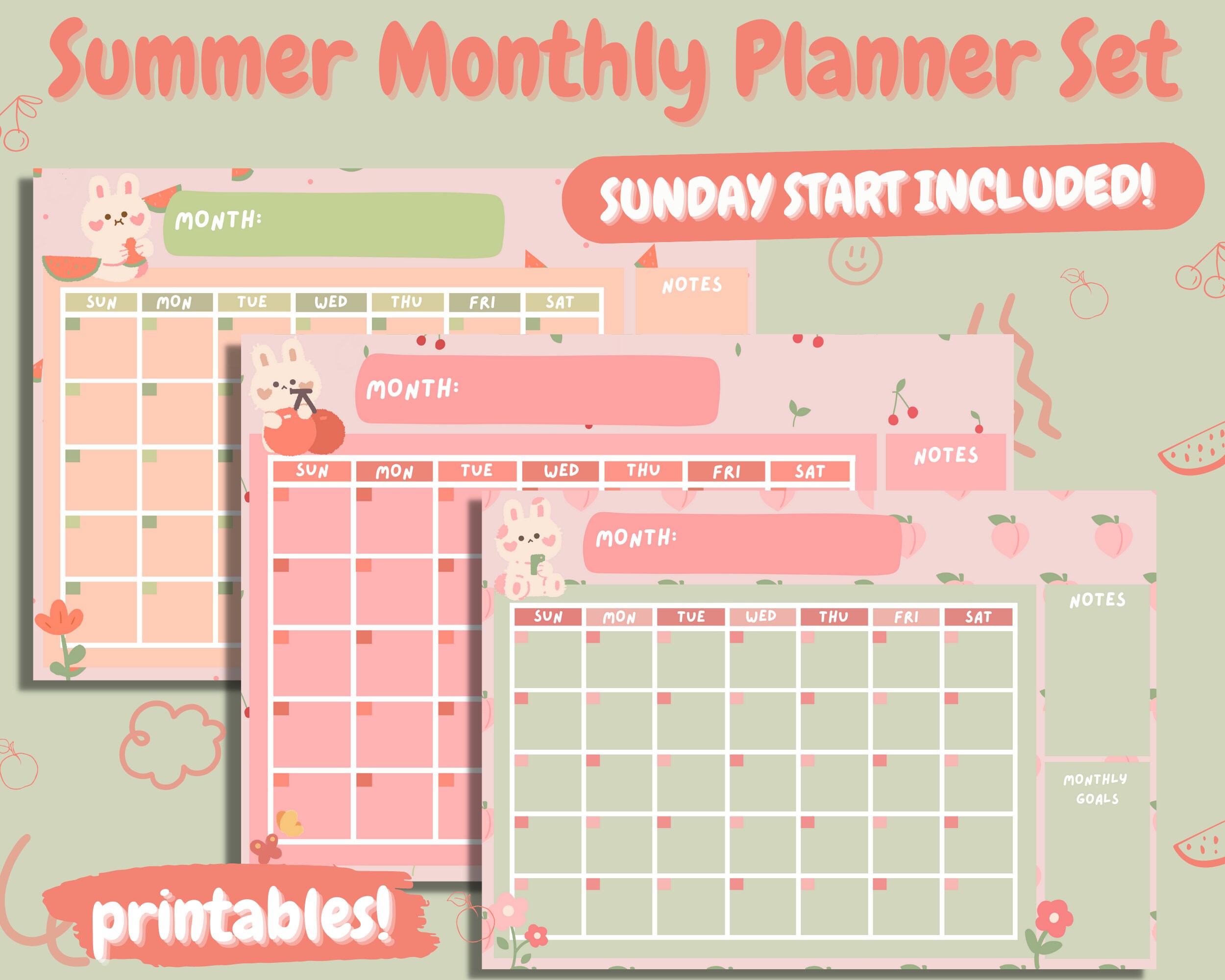 Summer Fruit Printable Monthly Planner, Undated Monthly Calendar, Month ...