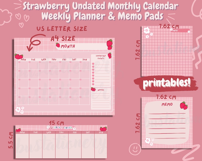 Strawberry Undated Monthly Calendar, Weekly Planner and Memo Pads ...