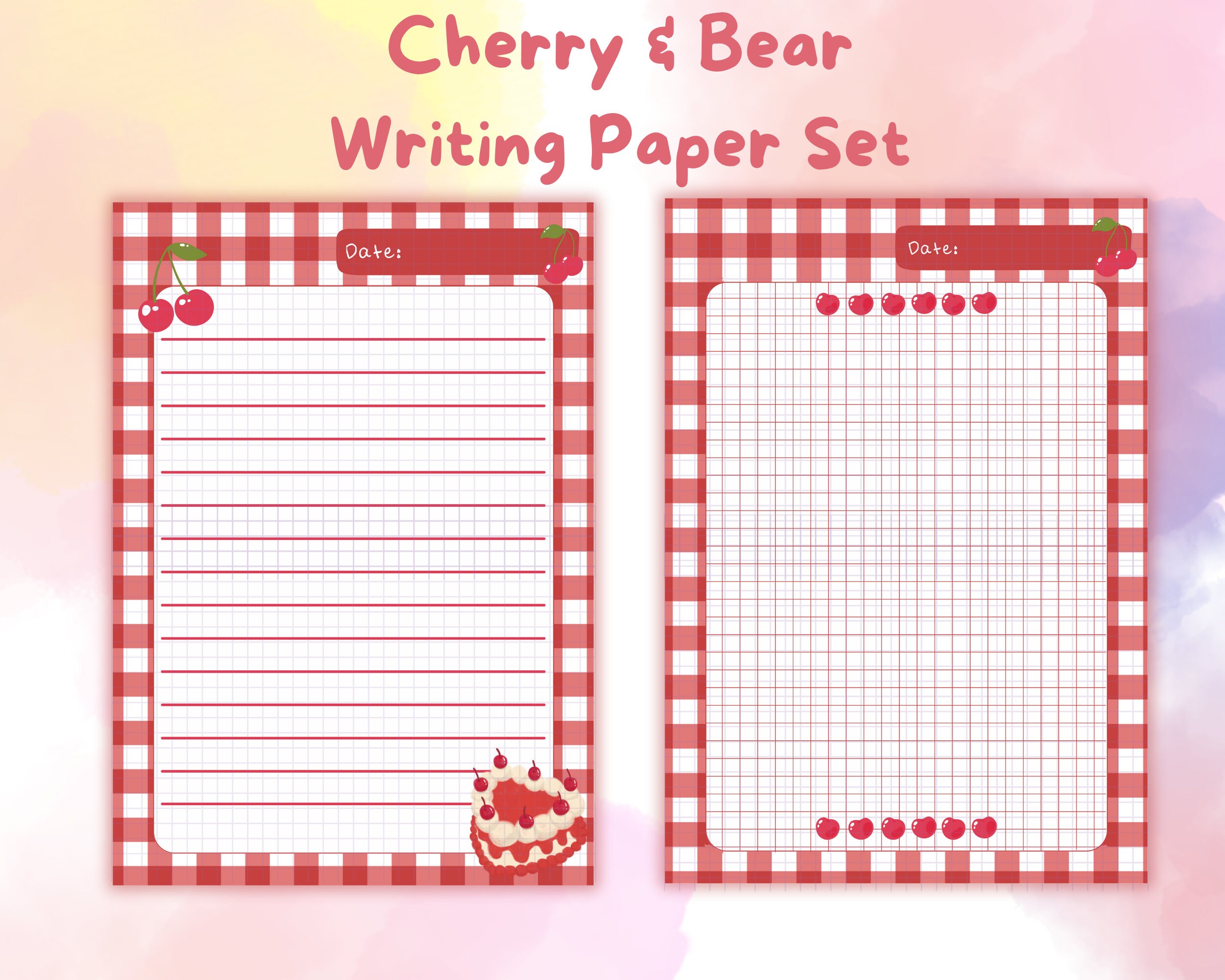Digital Printable Cute Cherry & Bear Writing Paper Set, Aesthetic ...