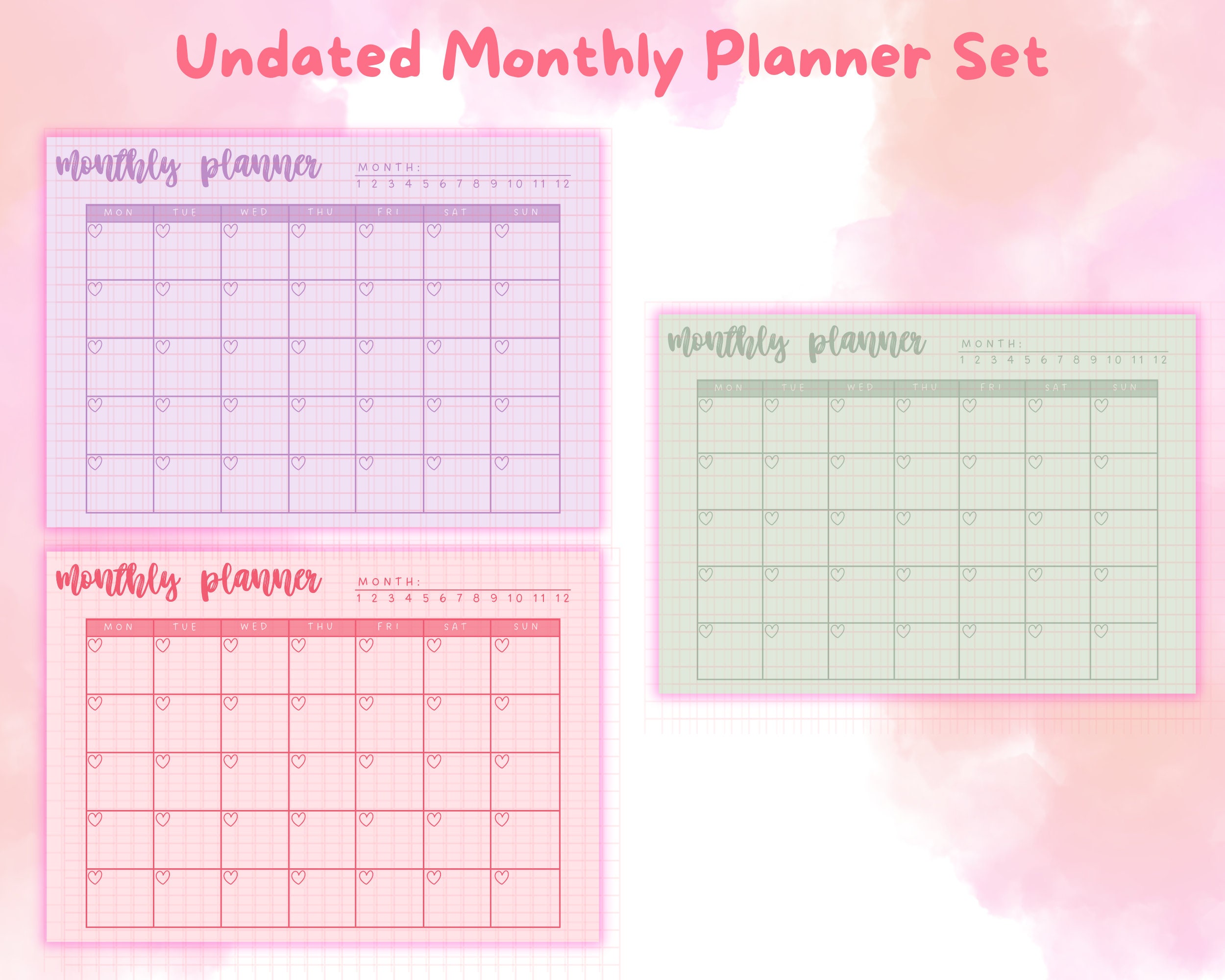 Undated Cute Monthly Planner Set, Aesthetic Monthly Overview Page ...