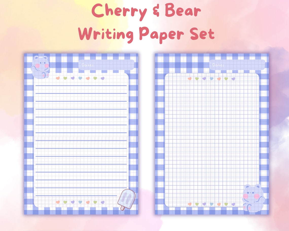 Digital Printable Cute Cherry & Bear Writing Paper Set, Aesthetic ...