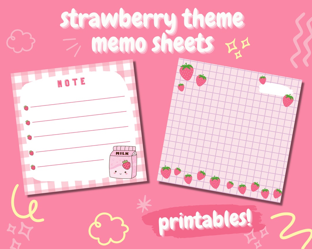 Strawberry Pink Daily Notepad, Cute Printable Memo Pad, Kawaii Lined ...