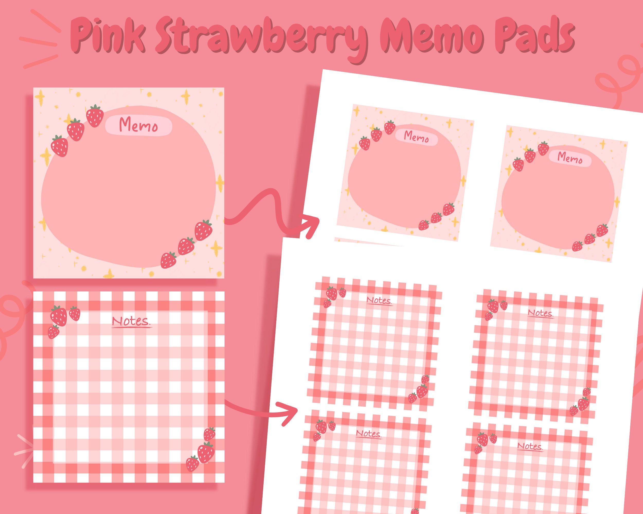 Strawberry Pink Kawaii Memo Pad, Cute Printable Daily Memo Sheets, to ...