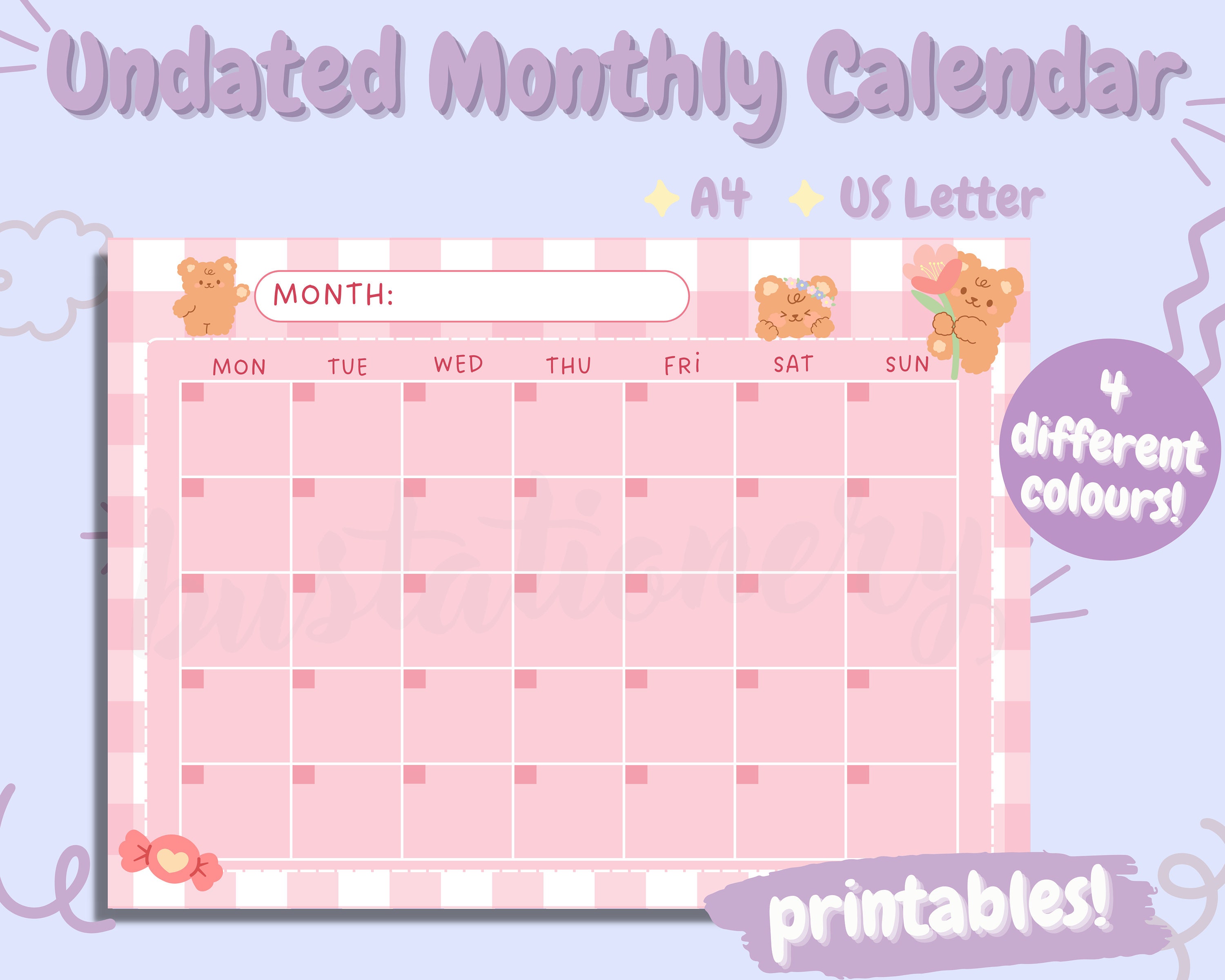 Undated Monthly Digital Calendar, Pink Kawaii Printable 2023 2024 Wall ...