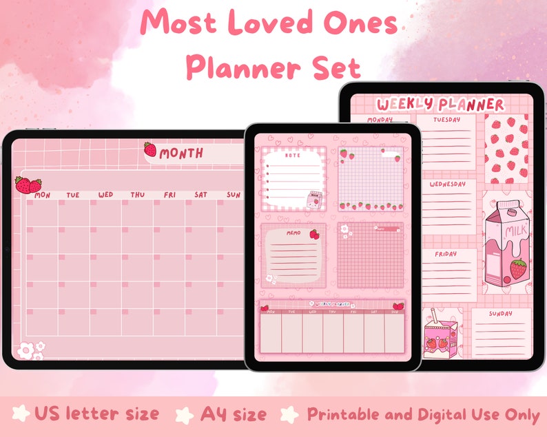 Most Loved Ones Undated Strawberry Monthly Weekly Planner Set, Cute ...