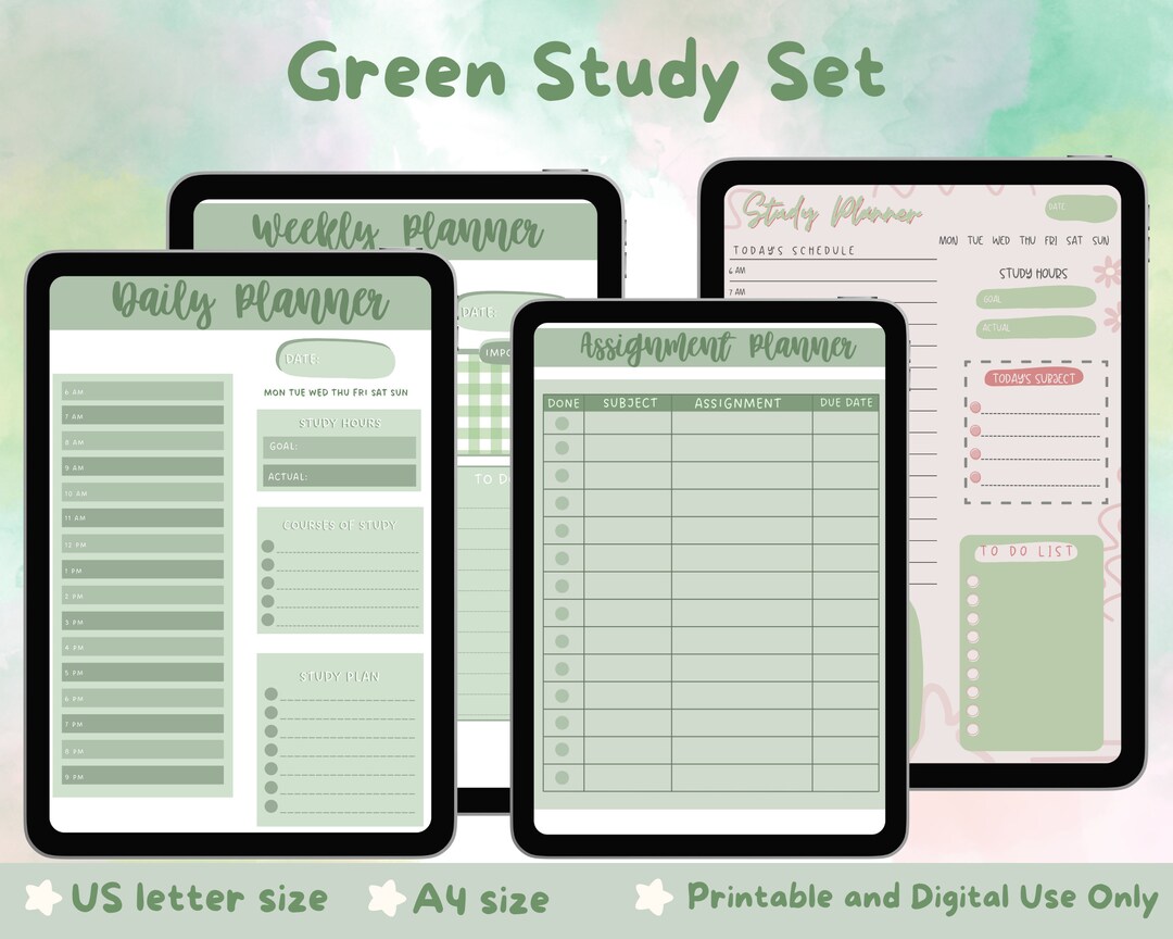 Green Study Planner Set, Academic Assignment Tracker for Student, Cute ...