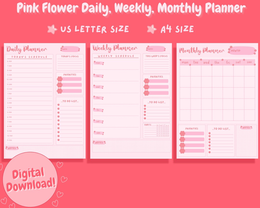 Pink Daily Weekly Monthly Planner Set, Cute Printable Stationery ...