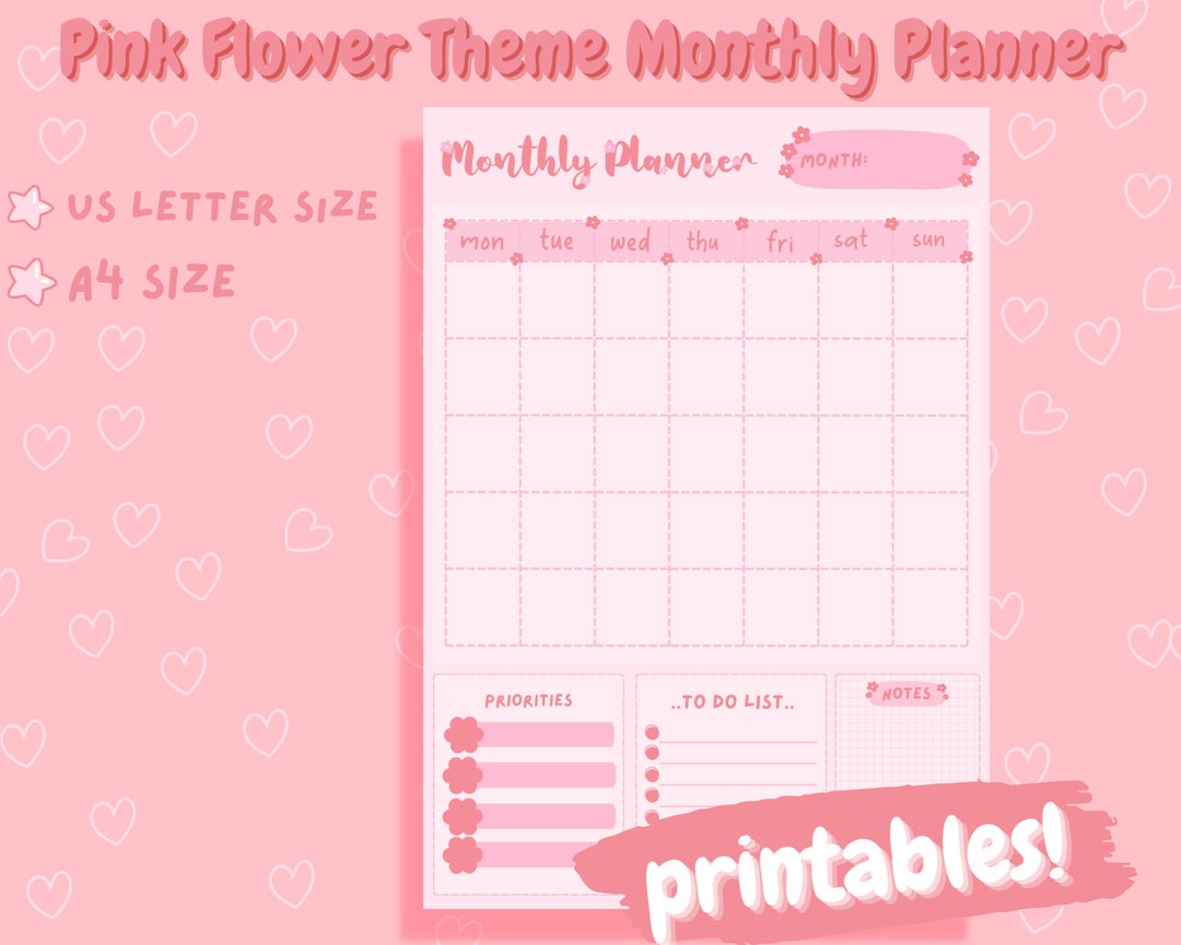 Pink Floral Printable Monthly Planner Inserts, Digital Download Student ...