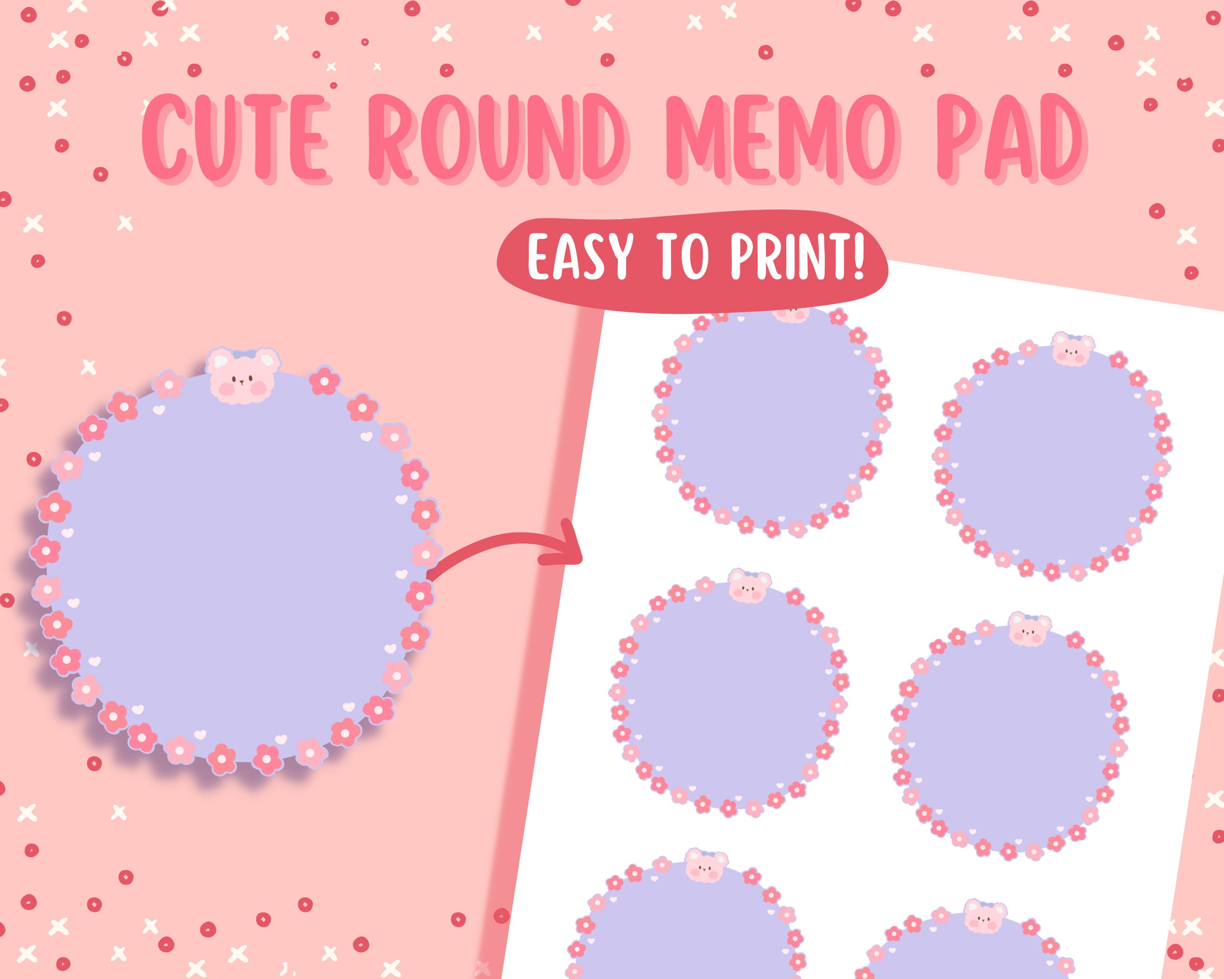 Printable Cute Round Memo Pad, Digital Downloadable Kawaii Bear Heart ...