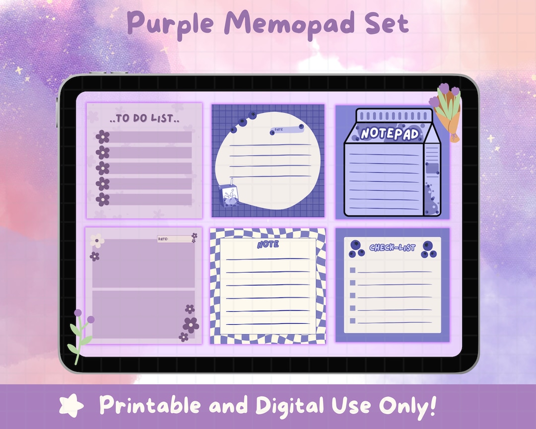 Purple Memopad Set, Daily Lined Graph Cute Notepad, Digital Download ...