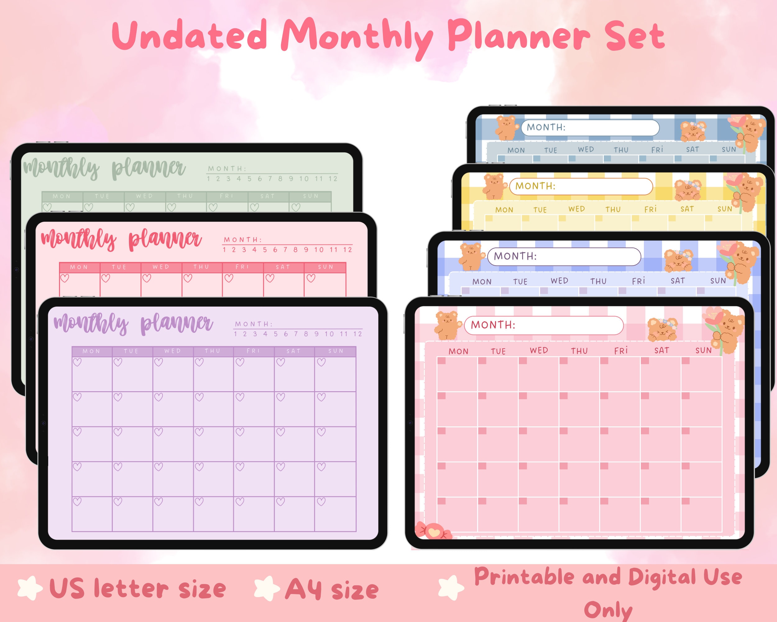 Undated Cute Monthly Planner Set, Aesthetic Monthly Overview Page ...