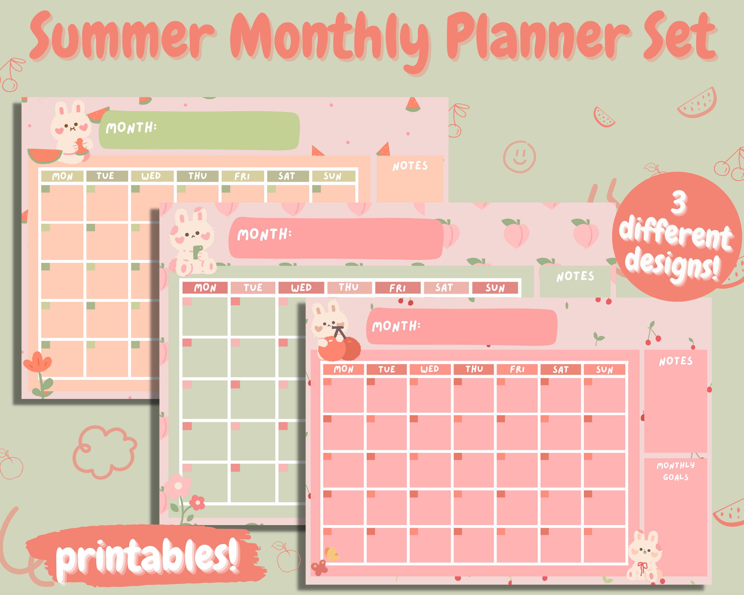 Summer Fruit Printable Monthly Planner, Undated Monthly Calendar, Month ...