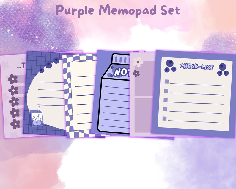 Purple Memopad Set, Daily Lined Graph Cute Notepad, Digital Download ...