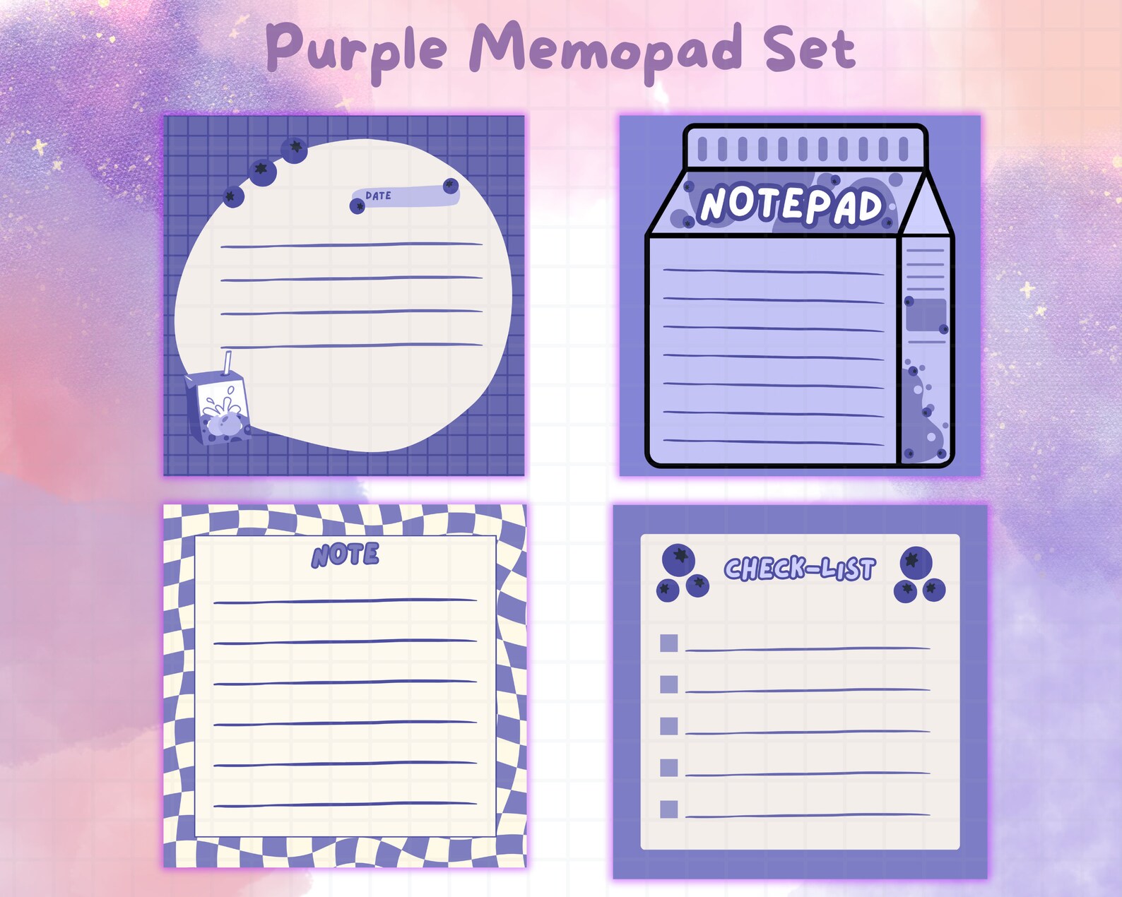 Purple Memopad Set, Daily Lined Graph Cute Notepad, Digital Download ...