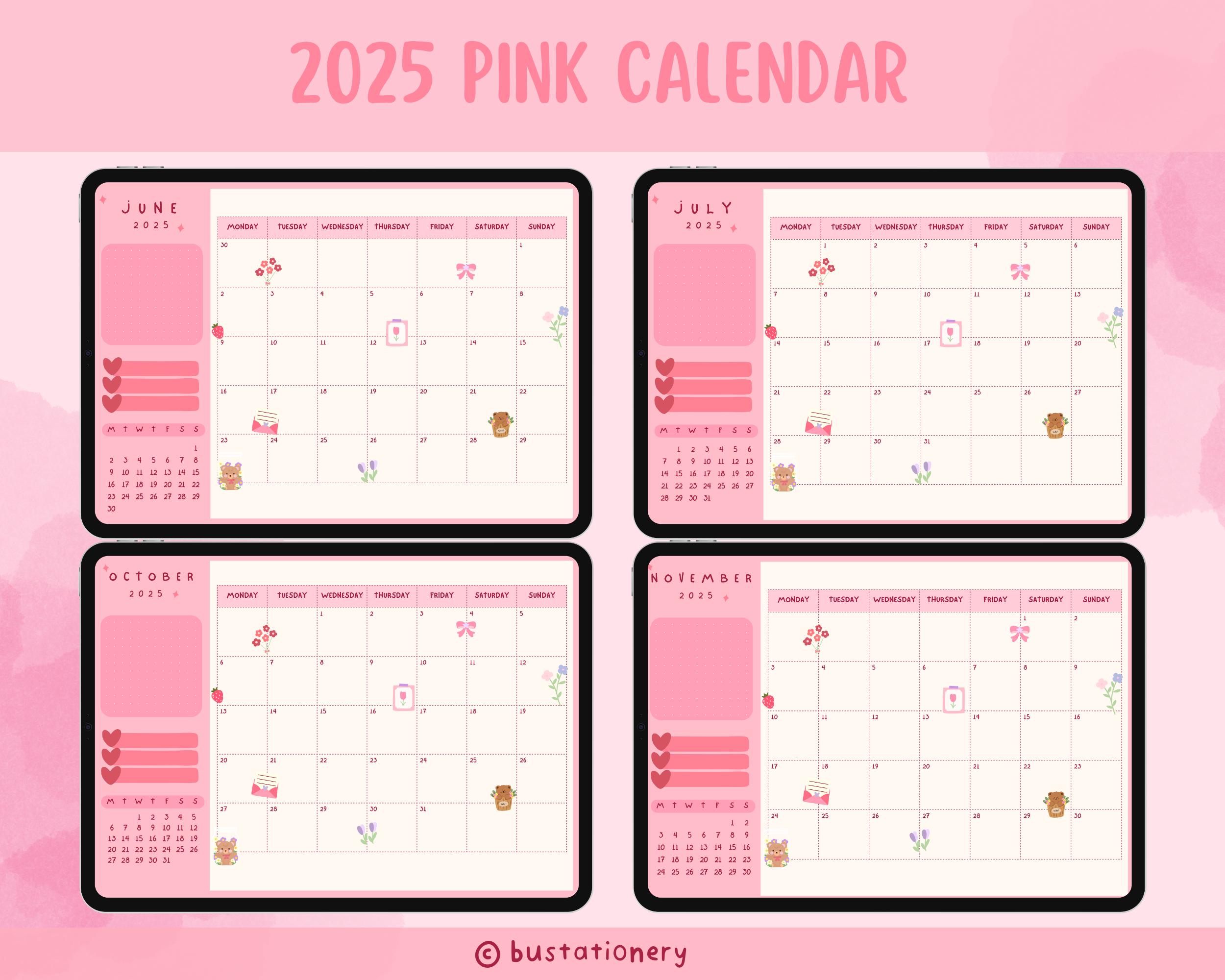 Cute Pink 2025 Monthly March-december Calendar, Kawaii Printable One ...