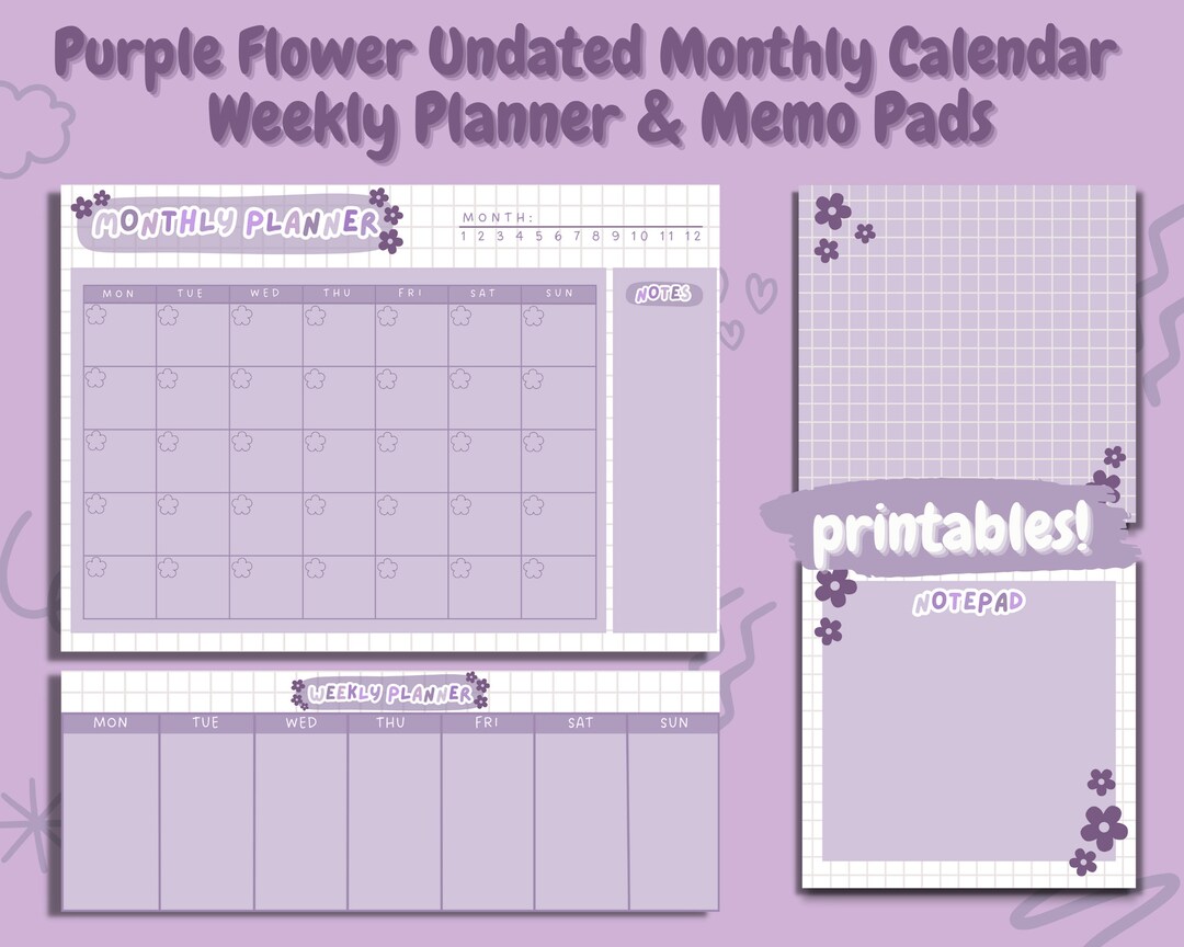 Floral Undated Monthly Calendar, Weekly Planner and Memo Pads, Cute ...