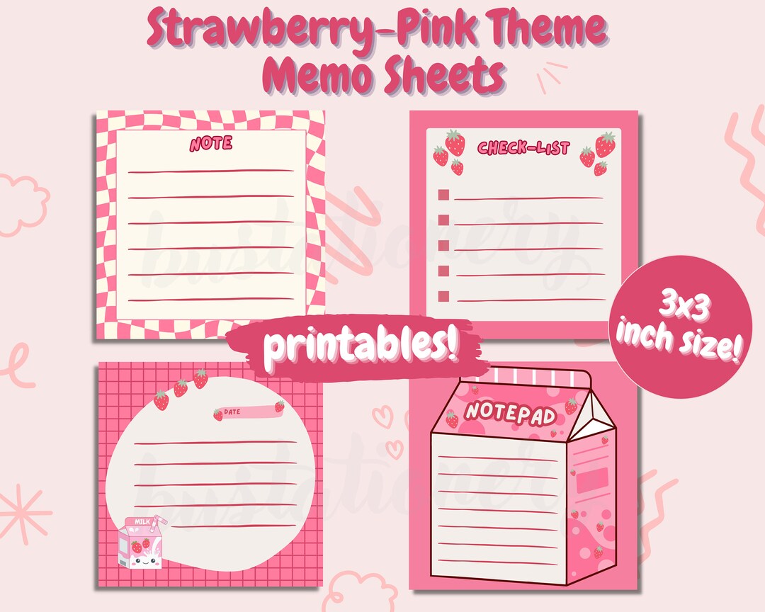 Strawberry Pink Daily Lined Notepad, Downloadable Cute Stationery Memo ...