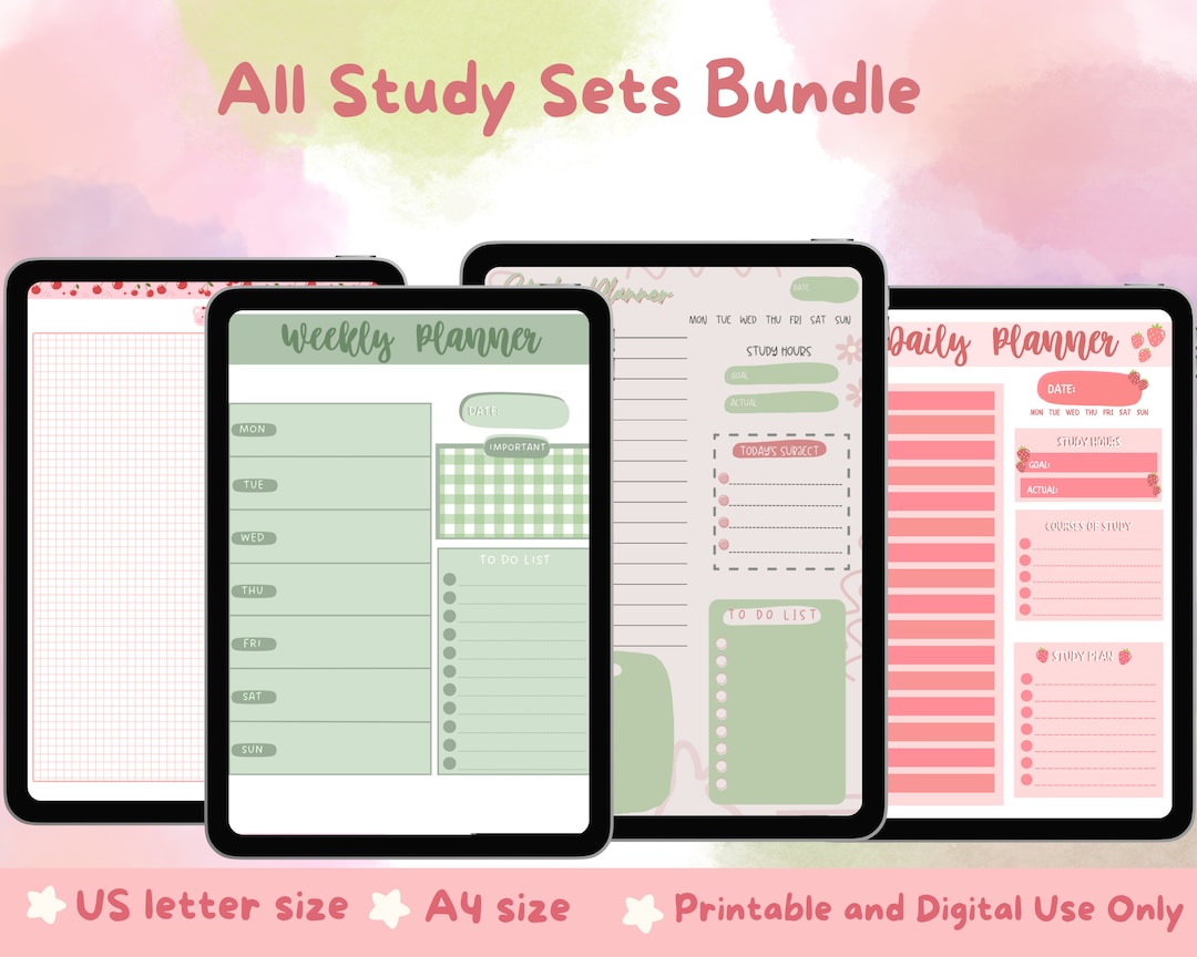 Green & Pink Academic Study Planner Set, Kawaii Daily Weekly Notepad ...