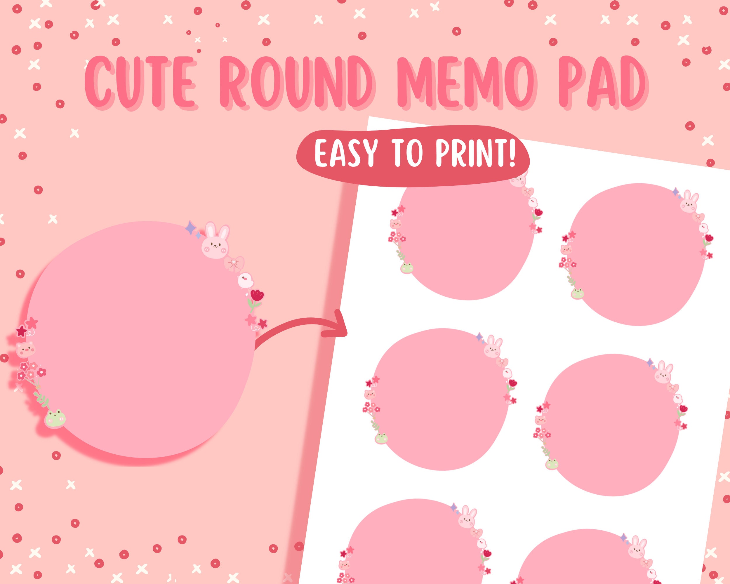 Printable Cute Round Memo Pad, Digital Downloadable Kawaii Bear Heart ...