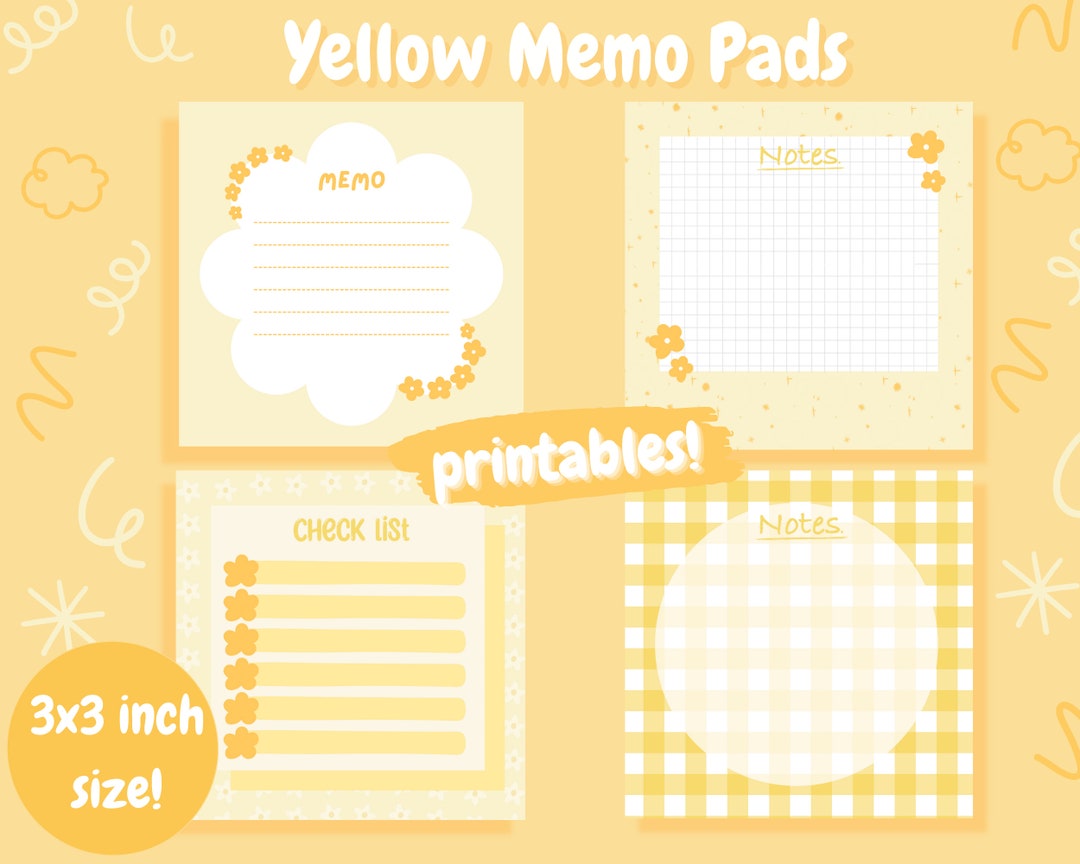 Yellow Daily Cute Printable Notepad, Kawaii Memo Pad Digital Download ...
