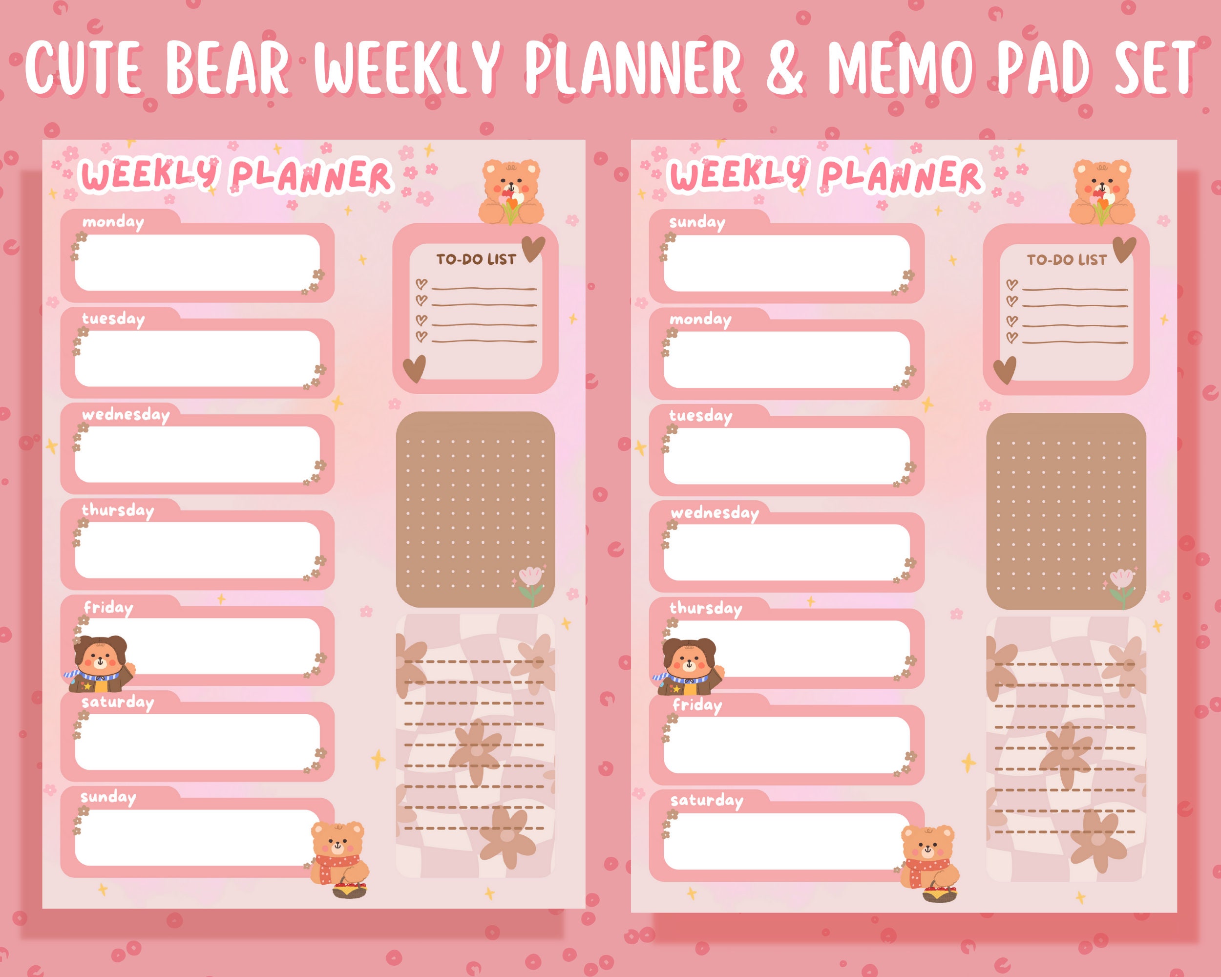 Cute Bear Printable Weekly Planner and Kawaii Notepad, Aesthetic ...