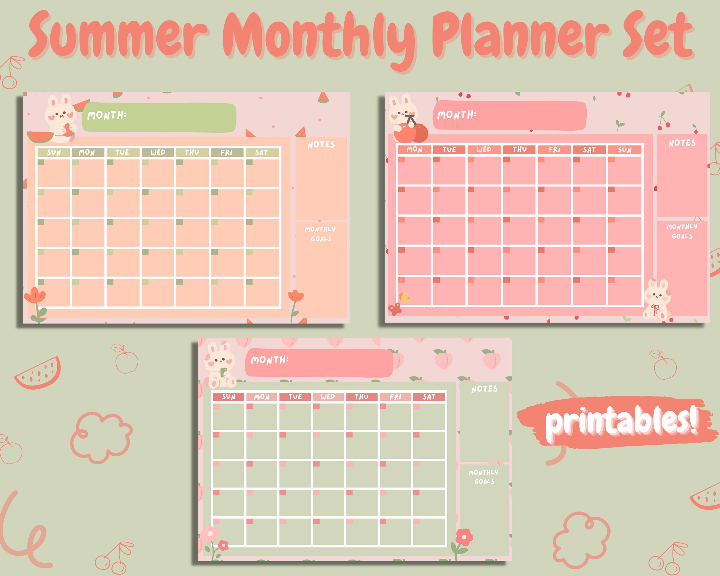 Summer Fruit Printable Monthly Planner, Undated Monthly Calendar, Month ...