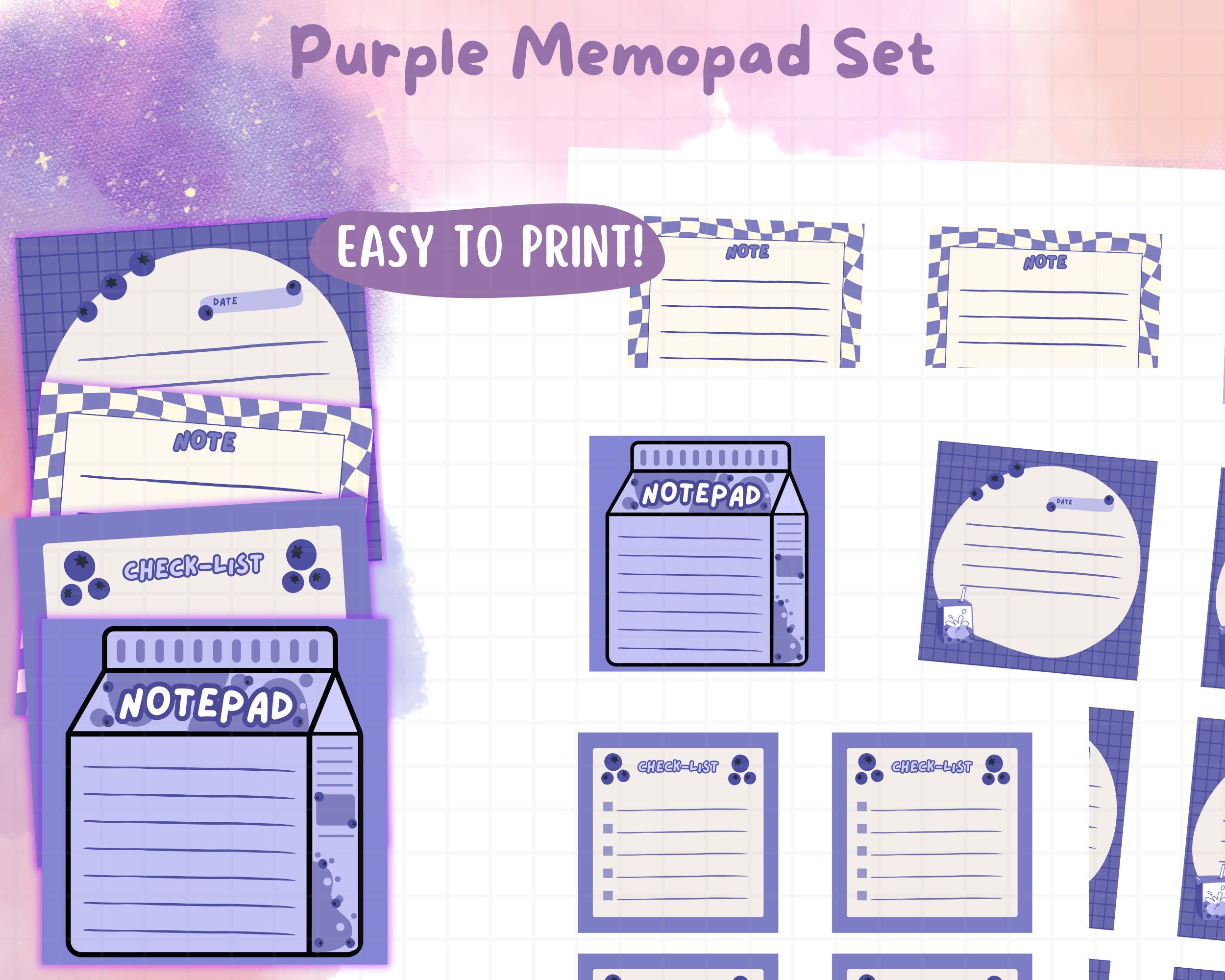 Purple Memopad Set, Daily Lined Graph Cute Notepad, Digital Download ...