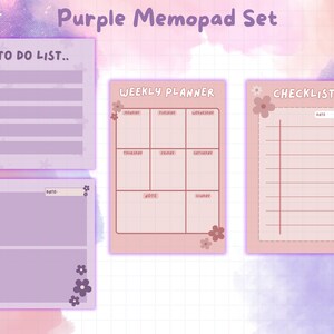 Purple Memopad Set, Daily Lined Graph Cute Notepad, Digital Download ...