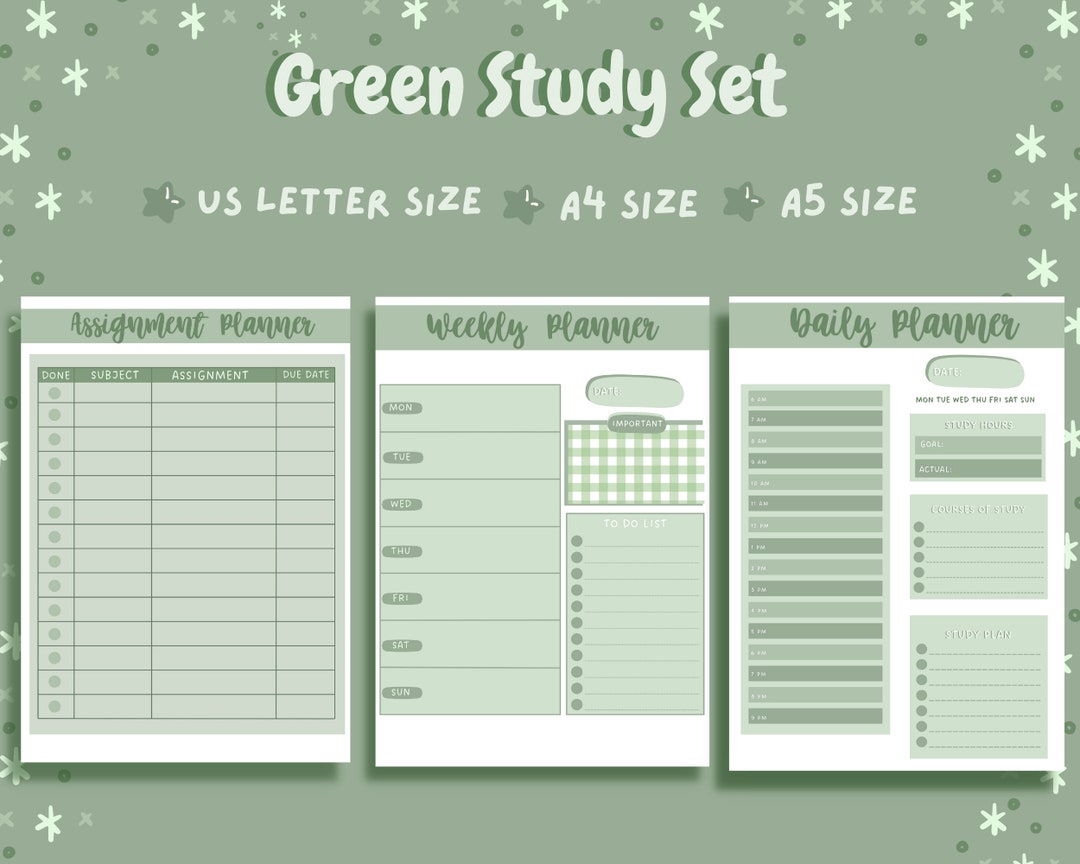 Green Daily Weekly Productivity Study Set, Cute Digital Download ...
