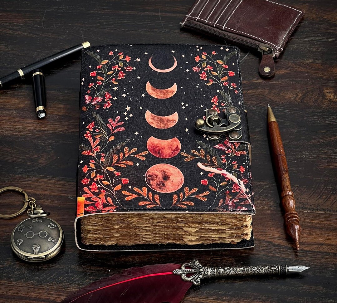 Vintage Moon Phase Diary With Lock Handmade Leather Journal for Pagan ...