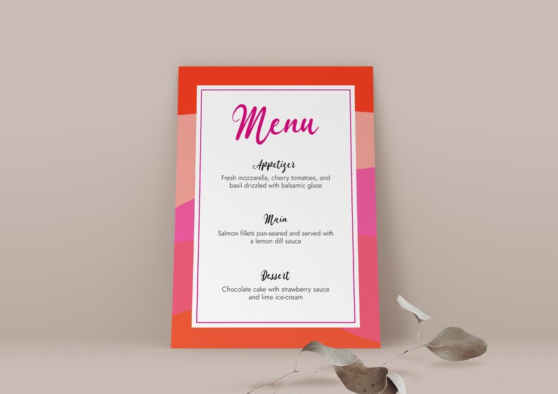 Pink Menu Card, Editable Birthday Drinks Menu, Printable Orange Wedding ...