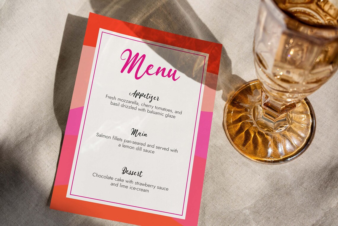 Pink Menu Card, Editable Birthday Drinks Menu, Printable Orange Wedding ...