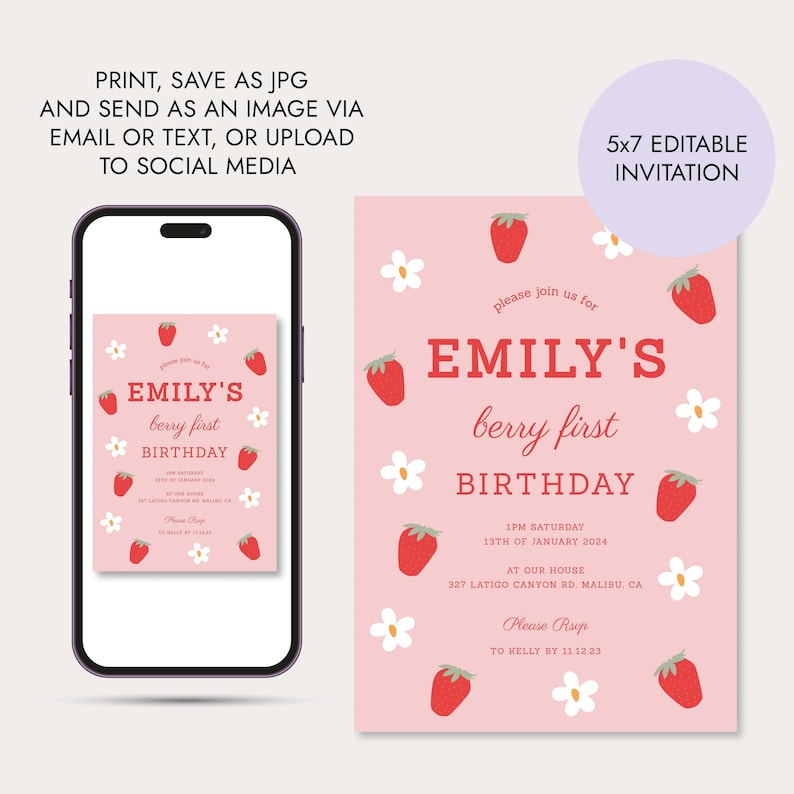 Strawberry First Birthday Invitation, Editable Berry First Birthday ...