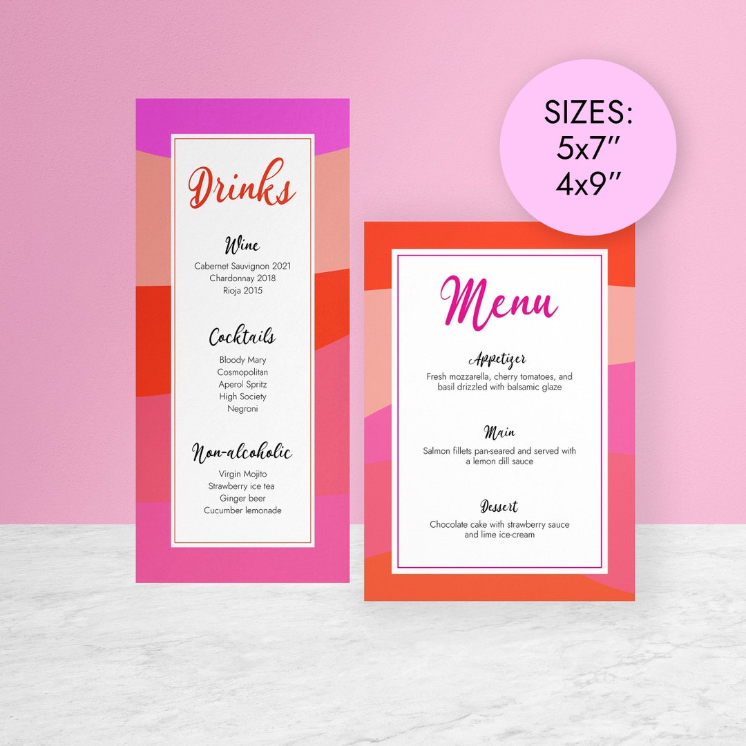 Pink Menu Card, Editable Birthday Drinks Menu, Printable Orange Wedding ...