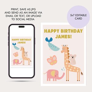 Party Animals Birthday Card, Editable Fun Animal Birthday Card, Giraffe ...